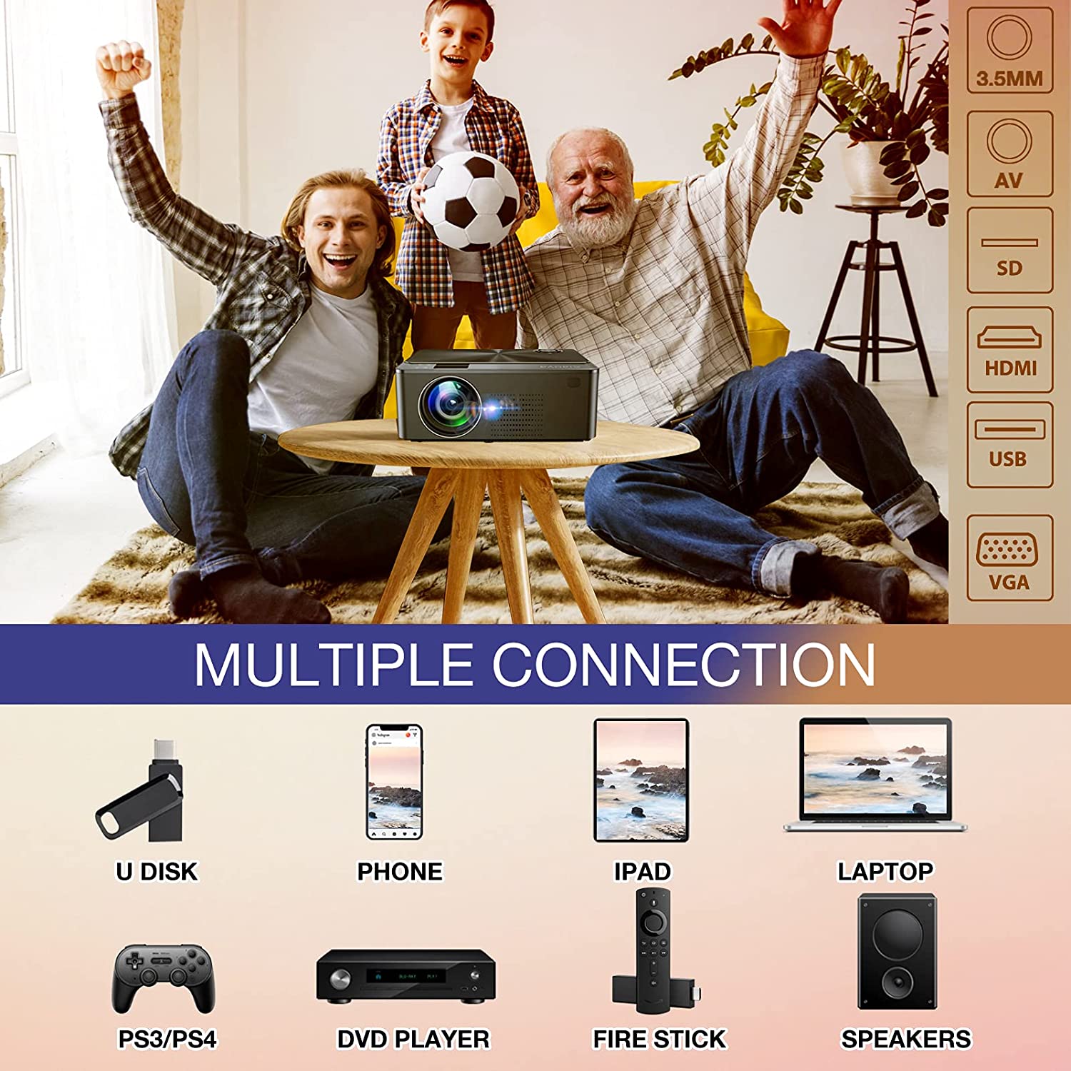 XIAOYA Outdoor Projector, HD Movie Projector Support 1080P, 4000 Lumens
