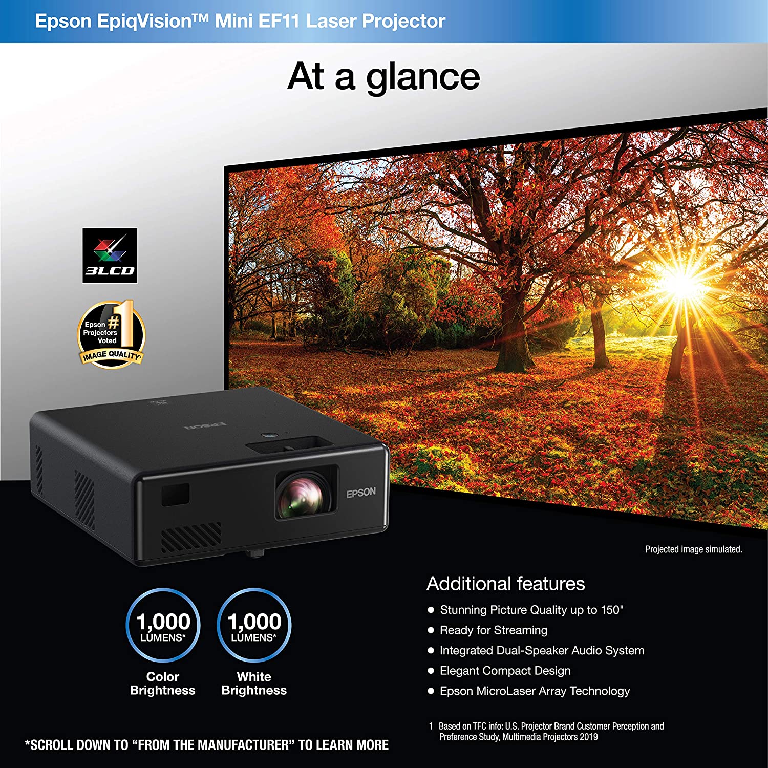 Epson EpiqVision Mini EF11 Laser Projector 3LCD Portable Full HD 1080p